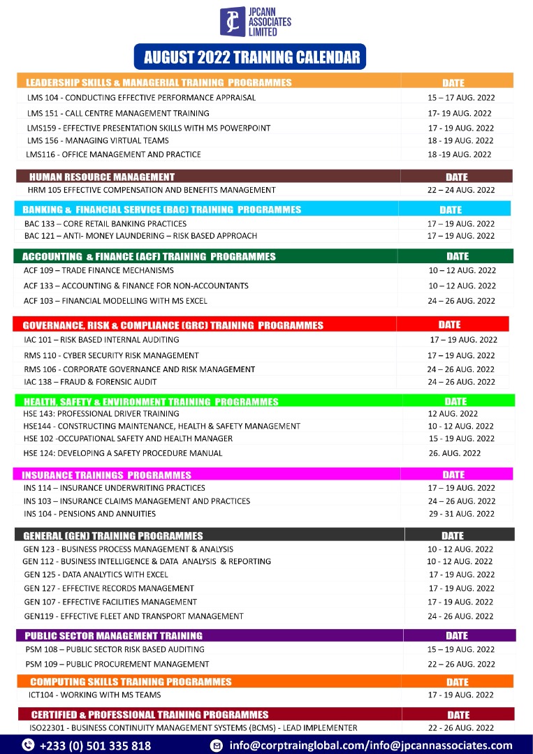 AUGUST 2022 TRAINING CALENDAR – JPCann Associates Limited